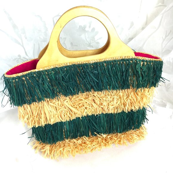 Source Unknown | Bags | Hawaiian Beach Luau Straw Fringe Purse Tote ...